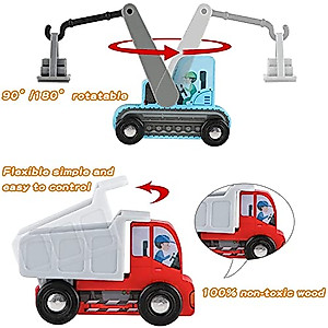 umu Construction Toy Cars 7 PCS Wooden Kids Mini Vehicles for Toddlers, Compatible to Thomas Train Toys Railway and Major Brands, Best for 3 to 5 Year Old Boys and Girls