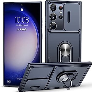 Simtect for Samsung Galaxy S23 Ultra Case with Camera Cover, [Military Drop Protection], Integrated 360 Degree Rotating Ring Kickstand, Protective Phone Case for Galaxy S23 Ultra Case 6.8 Inch- Black