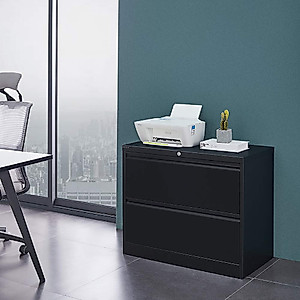 Bonnlo 35.5" Wide 2 Drawer File Cabinet with Lock, Black File Cabinets for Home Office, Metal Lateral File Cabinet & Printer Stand with Minimalist Design for Letter/Legal Size File Folders with Tabs