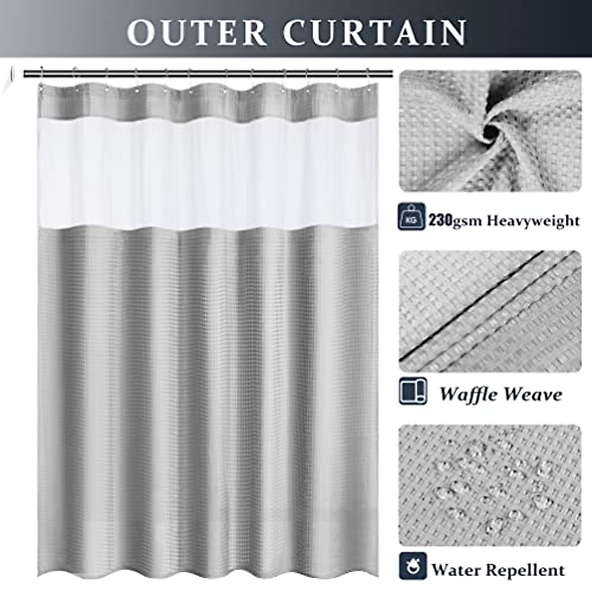 Yimobra Waffle Shower Curtain Sets with Liner, Heavyweight Fabric with 12 Hooks, Water-Repellent, Washable, Mesh Top Window, 72 "x 72", Gray