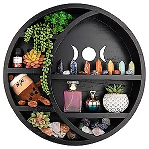 The Poppy Store Large 17" Moon Shelf – Ideal for Crystal Decor, Essential Oils, Witchy Room, and Boho Art Display - Decorative Crystals Wall Shelf - Easy Mount - Paulownia Wood – Black