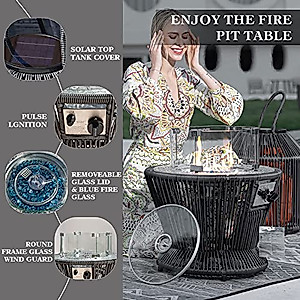 BULEXYARD 3 Piece Outdoor Egg Chair with Propane Fire Pit Table, Wicker Patio Egg Chair Set w/Natural Gas Firepit for Backyard, Porch, Deck (Dark Grey)