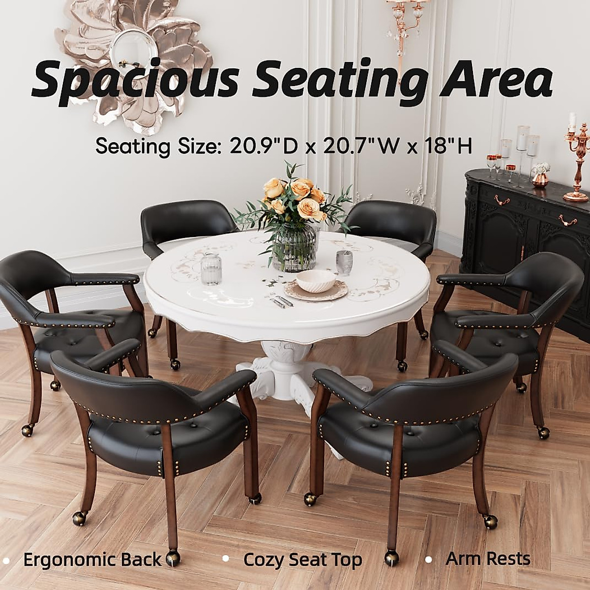 LEEMTORIG Large Dining Chairs with Casters and Arms, Rolling Dining Chairs with Wheels, Accent Game Chairs Boss Caption's Chairs, 26" D x 25.2" W x 31.5" H, Cherry Legs & Black SY-1533-BK