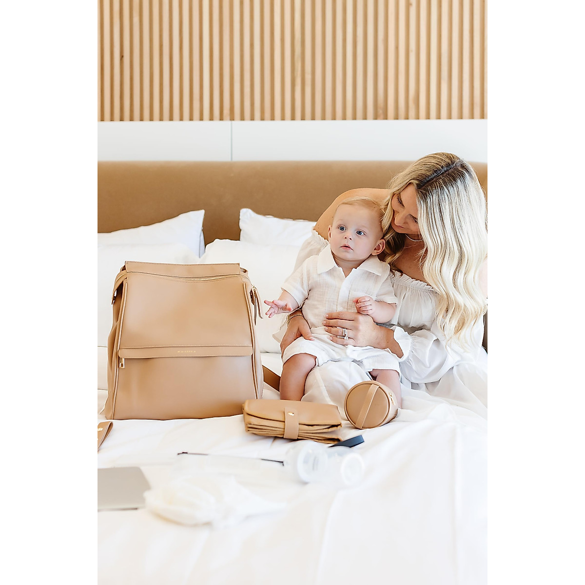 MIA + SOPHIA Leather Diaper Bag Backpack with USB Charging Port, Changing Pad, Stroller Straps, Bottle Holder (Brown Sophia)