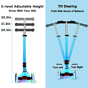 IMMEK Kick Scooter for Kids 3 Wheels Folding Ages 3-12 Years Old Toddler with Three LED Light Wheel, Adjustable Height, Rear Brake, Outdoor Activities for Boys/Girls Maximum Weight 110 lb (Blue)