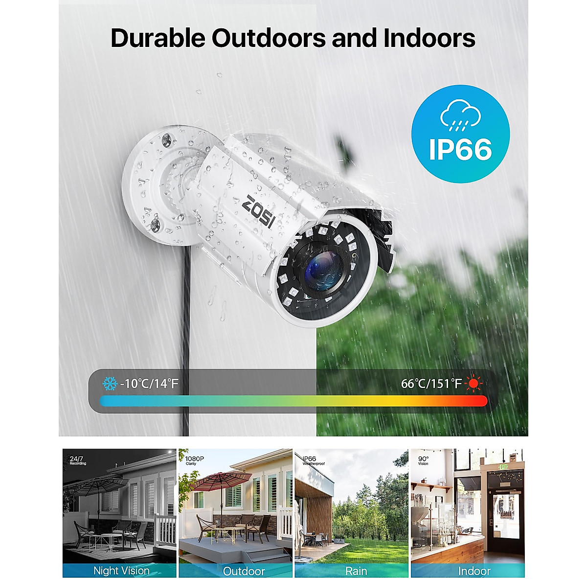 ZOSI 1080P 2.0MP HD 1920TVL Hybrid 4-in-1 TVI/CVI/AHD/960H CVBS CCTV Security Camera Indoor Outdoor, 80ft Night Vision,Aluminum Metal Cam, For 960H,720P,1080P,5MP,4K analog Surveillance DVR (White)