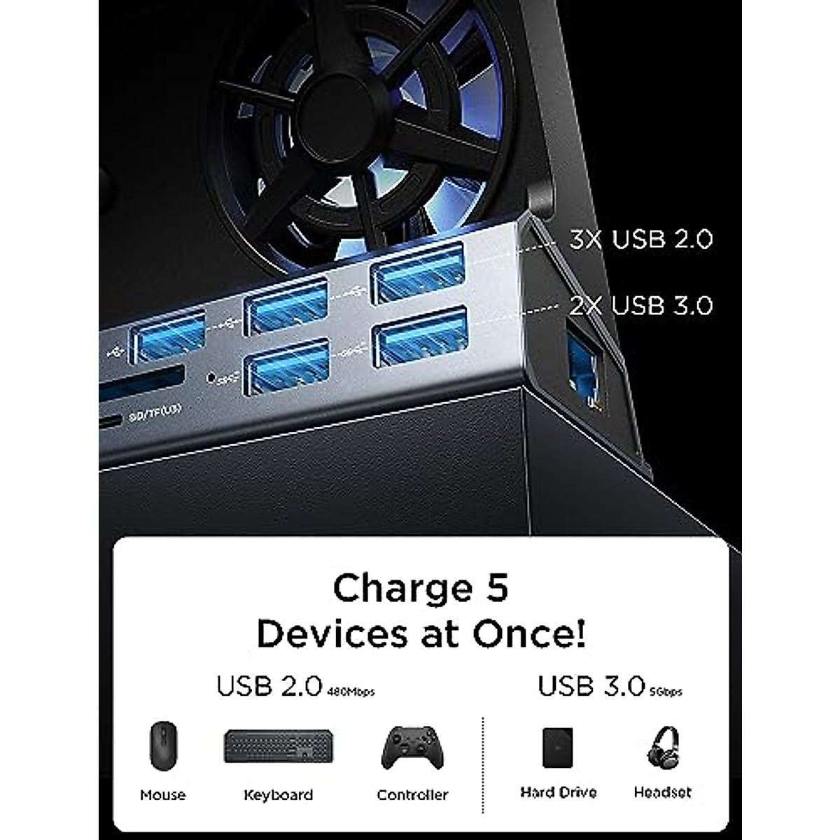 LISEN Docking Station for Asus Rog Ally Turbo 30W Mode & Steam Deck,13-in-1 Steam Deck Dock with 5 USB 3.0 & 2.0, Dual Cooling Fan, HDMI 4K@60Hz, 100W PD Charging and 1000Mbps Steam Deck Accessories