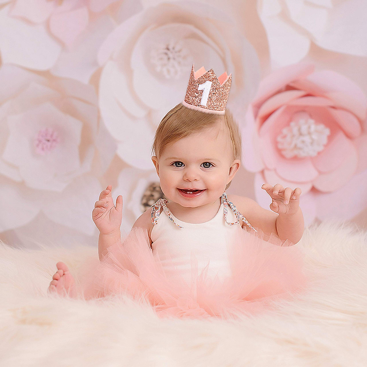 Glitter Birthday Crown - Photo Booth Props, Party Hat for Baby's 1st Birthday (Pink and Gold)