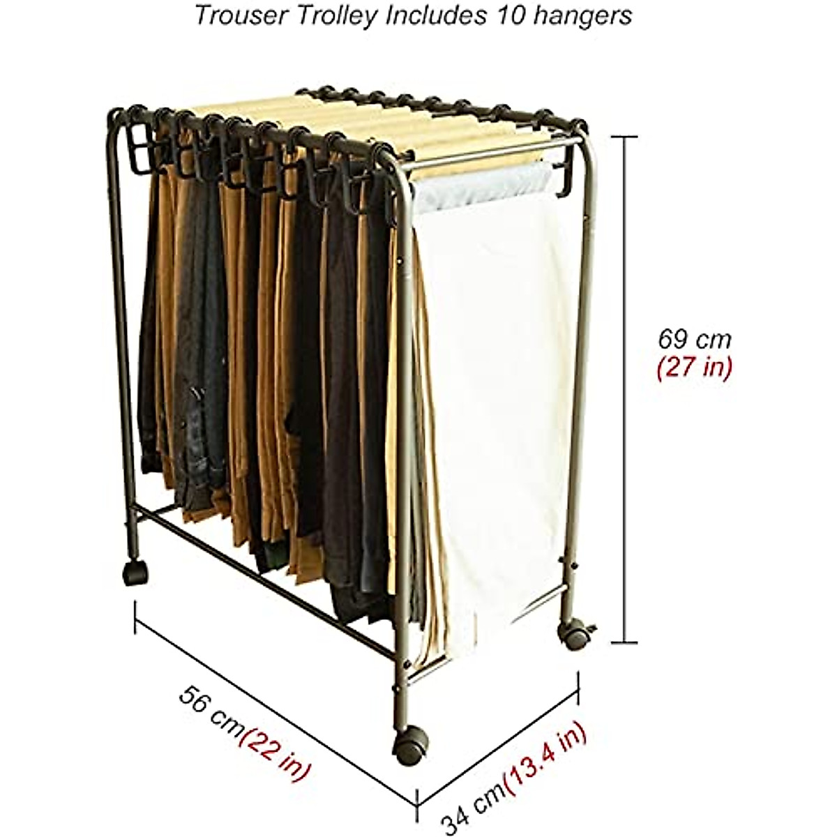 JINCAN Closet Pants Hangers for Women/Men, Home Metal Rolling Trouser Trolley with 10 Hangers, Fall Winter Use, Space Saving