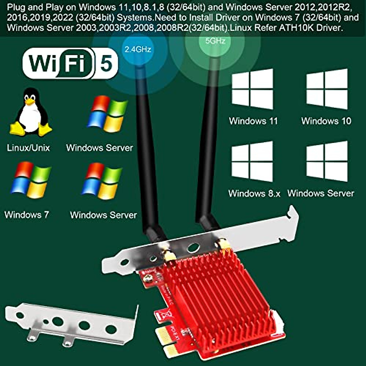 FebSmart Wireless AC 1200Mbps Dual Band PCIE WiFi Card with WiFi Stereo Adapter for Windows XP, 7, 8.x, 10, 11 (32/64bit) and Windows Server Desktop PCs for Gaming and Video Screaming (FS-AC85SE)
