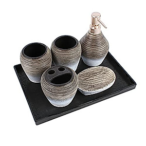 5 Piece Textured Ceramic Bathroom Accessory Set Includes Soap Dish, Lotion Dispenser, Toothbrush Holder and Gargle Cup +Tray Set 5Pcs Bathroom Accessories