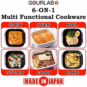 GOURLAB+ Microwave Cookware 6 in 1 Anyday Cookware Freezer & Oven Safe, Japanese Rice Cooker, Ramen Microwave Steamer Microwave Bacon Cooker (White) - Made in Japan