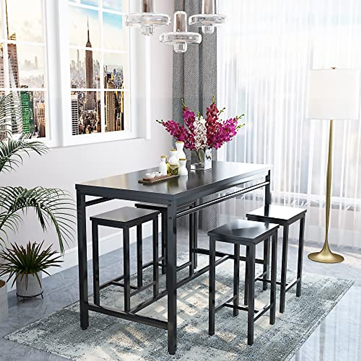 AWQM 5 Piece Bar Table Set, Modern Counter Height Dining Table and Chairs Set for 4, Wood Kitchen Table and 4 Bar Stools for Small Spaces, Apartment, Pub, Dining Room (Black)