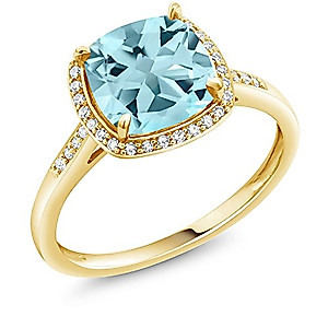 Gem Stone King 10K Yellow Gold Sky Blue Topaz and Diamond Engagement Ring For Women (2.74 Cttw, Gemstone Birthstone, Cushion Cut 8MM, Available in size 5, 6, 7, 8, 9)