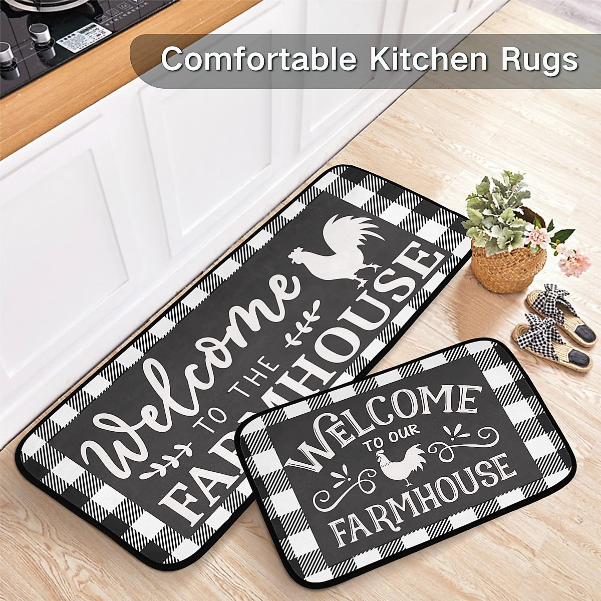 Emelivor Buffalo Plaid Checked Farmhouse Kitchen Mat Set of 2 Anti-Fatigue Kitchen Rug Set Non Slip Foam Cushioned Kitchen Runner Rugs and Mats Comfort Standing Mat for Farmhouse Doormat Laundry