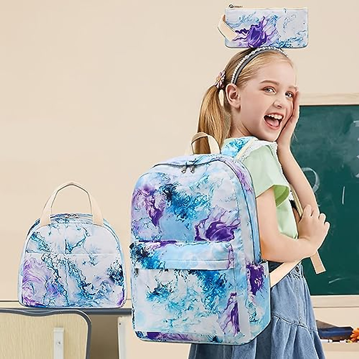 Bluboon School Backpack Set Girls Womens Laptop Bookbag Casual Daypack Fits 15 inch Laptop with Lunch Tote Bag and Pencil Bag（Purple-3 set)