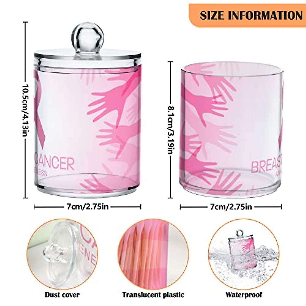 Breast Cancer Awareness 2 Pack 10 OZ Qtip Holder Dispenser for Cotton Ball, Cotton Swab, Cotton Round Pads, Floss, Plastic Apothecary Jar Set for Bathroom Canister Storage Organization, Vanity Makeup Organizer