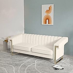 MGH Modern Sofa,Collection Contemporary Velvet Upholstered Sofa Couch with Stainless Steel Base,83.86“ Lx 30.70“ Wx 30.51“ H(Beige)