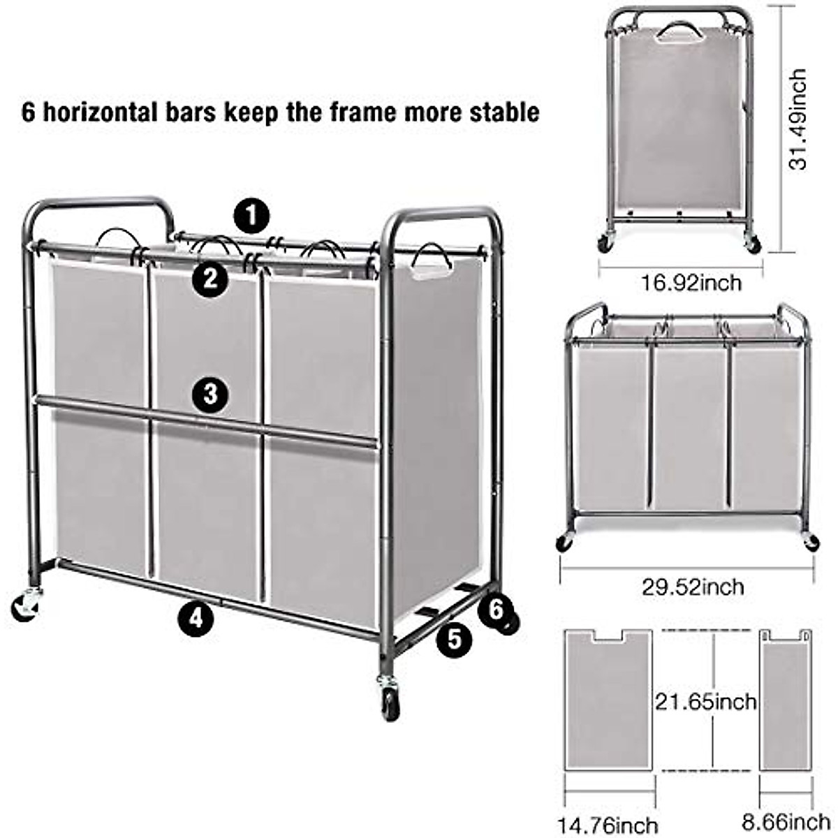 STORAGE MANIAC 3 Section Laundry Sorter Rolling Laundry Hamper Laundry Basket with Wheels and Laundry Sorter Replacement Bag 2 Pack
