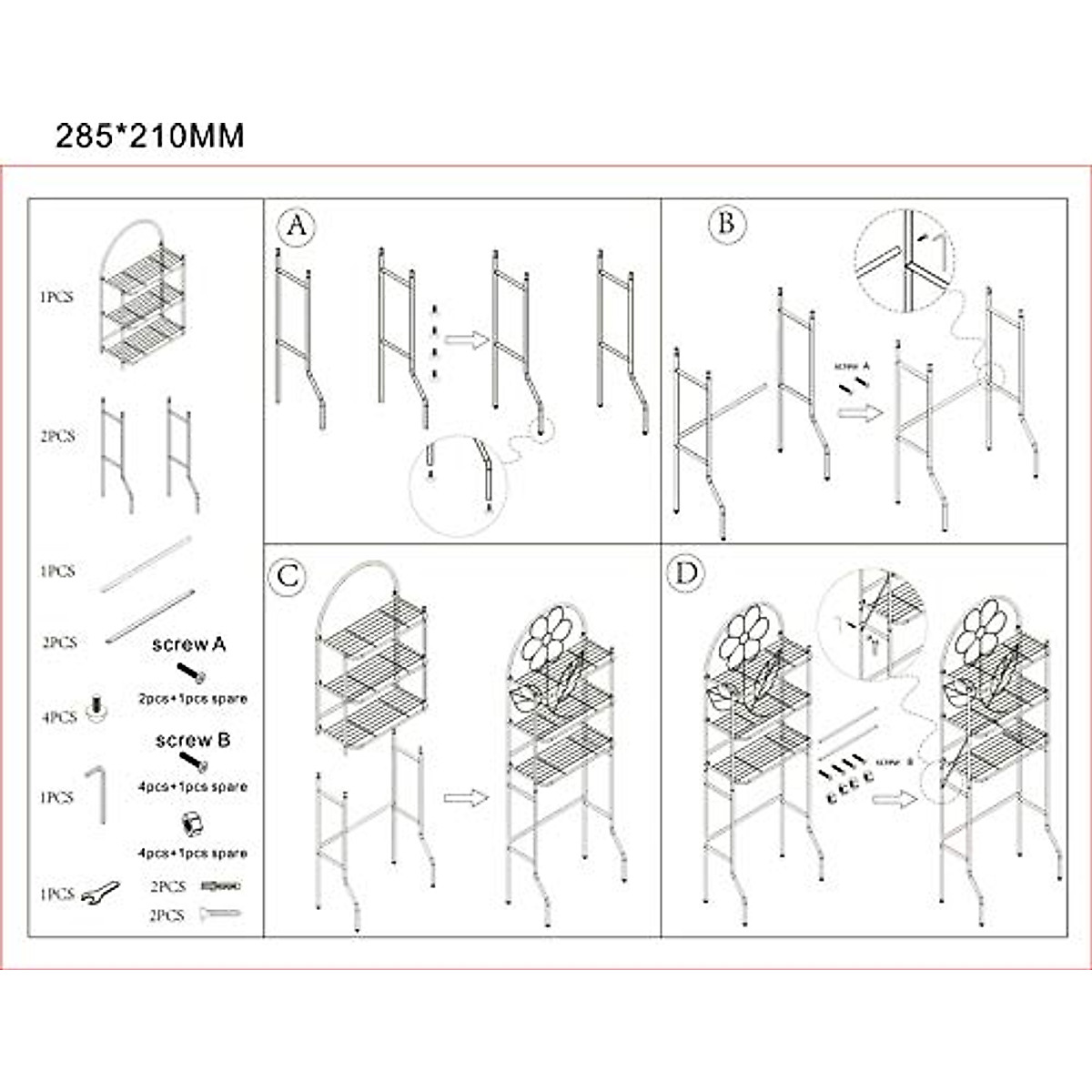 J&V TEXTILES 3-Shelf Bathroom Organizer Over The Toilet, Bathroom Spacesaver (Black)*