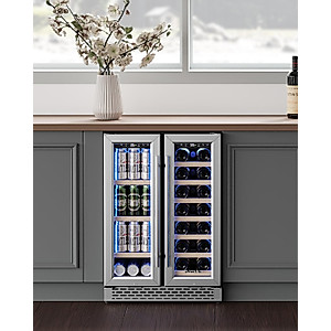 Plotanis 24 Inch Wine Fridge Dual Zone 20 Bottles 60 Cans Wine Refrigerator Built-in or Freestanding Wine Beverage Cooler with Glass Door, 3-Color Light, Safety Lock