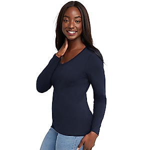 Hanes Comfortblend Women's Originals Long Sleeve Cotton T-Shirt, Lightweight V-Neck Tee, Modern Fit, Navy, X-Large