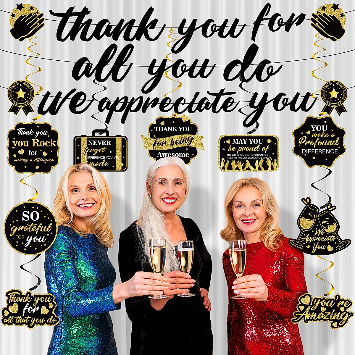 Black Gold We Appreciate You Decorations Thank You Banner with Appreciate Hanging Swirls Thank You For All You Do Decor for Teacher Doctor Nurse Employee Staff Graduation Appreciation Party Supplies