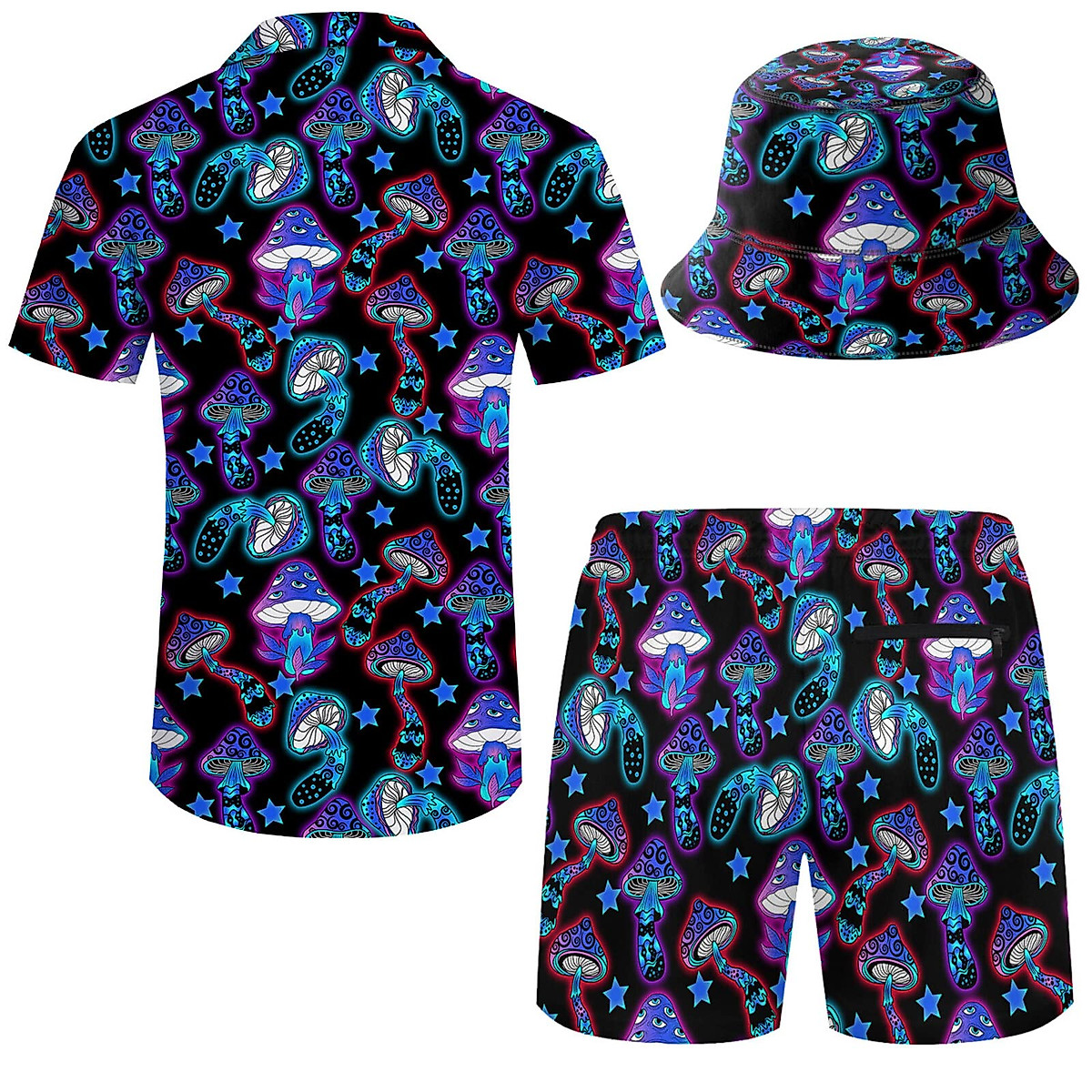 Wdpsuxin Mens 2 Piece Tracksuit Hawaiian Shirt，Mushroom Button Down Shirt and Compression Liner 2 in 1 Shorts Sets with Bucket Hats 3X-Large