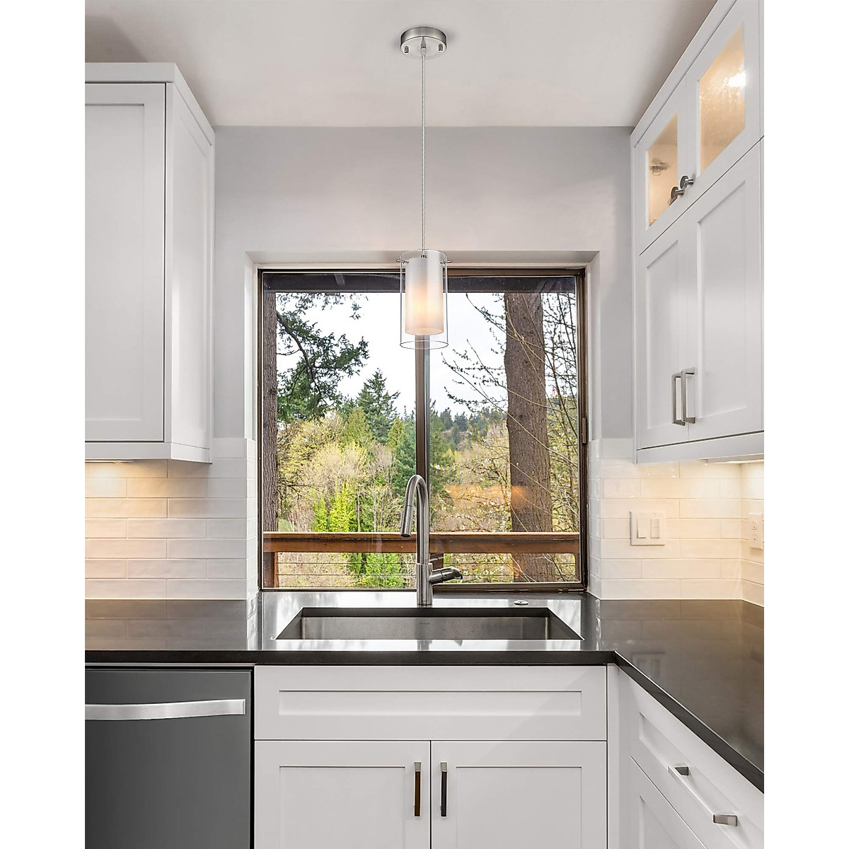 AKEZON Modern Glass Pendant Light 2 Pack, Adjustable Hanging Pendant Lighting Kitchen Lights Island Dining Room Bathroom Bar, Brushed Nickel Finish