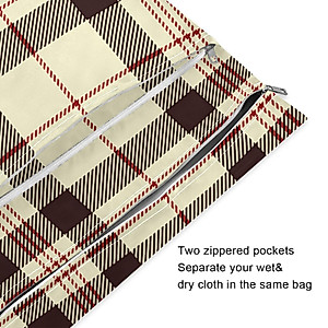 susiyo Cloth Diaper Wet Dry Bags Beige Plaid Waterproof Reusable Wet Bags with Two Zippered Pockets Baby Stroller Travel Beach Pool Gym Bag for Dirty Clothes Wet Swimsuits 2 Pack