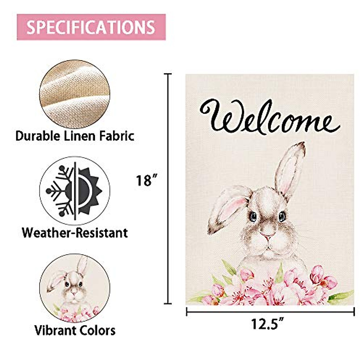 Welcome Floral Bunny Garden Flag Vertical Double Sided Easter Bunny Rabbit, Spring Summer Rustic Farmhouse Yard Outdoor Decoration 12.5 x 18 Inch