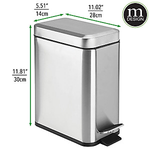 mDesign Small Modern 1.3 Gallon Rectangle Metal Lidded Step Trash Can, Compact Garbage Bin with Removable Liner Bucket and Handle for Bathroom, Kitchen, Craft Room, Office, Garage - Brushed Chrome