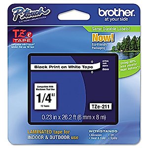 Brother Tze211 Tze Standard Adhesive Laminated Labeling Tape, 1/4-Inch W, Black On White