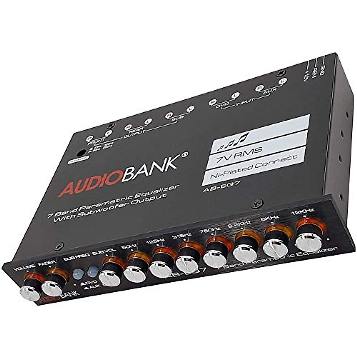 Audiobank EQ7 1/2 Din 7 Band Car Audio Equalizer EQ with Front, Rear/Frequency Adjustable /3 Stereo RCA Input for Portable Devices & Subwoofer Output -2nd Gen