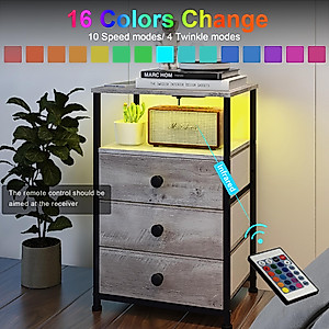 Tohomeor Nightstand with Charging Station USB Outlet and LED Light End Table Dresser with 3 Fabric Drawers and Storage Shelf for Bedroom Living Room Sofa Beside (1, Greige)
