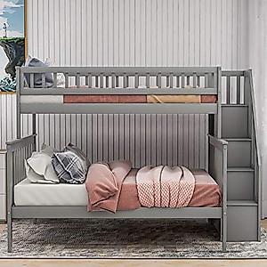 Merax Twin Over Full Bunk Bed with Stairs, Wood Bed Frame with Storage Space and Guard Rail for Bedroom, Dorm, for Teens, Adults, Grey