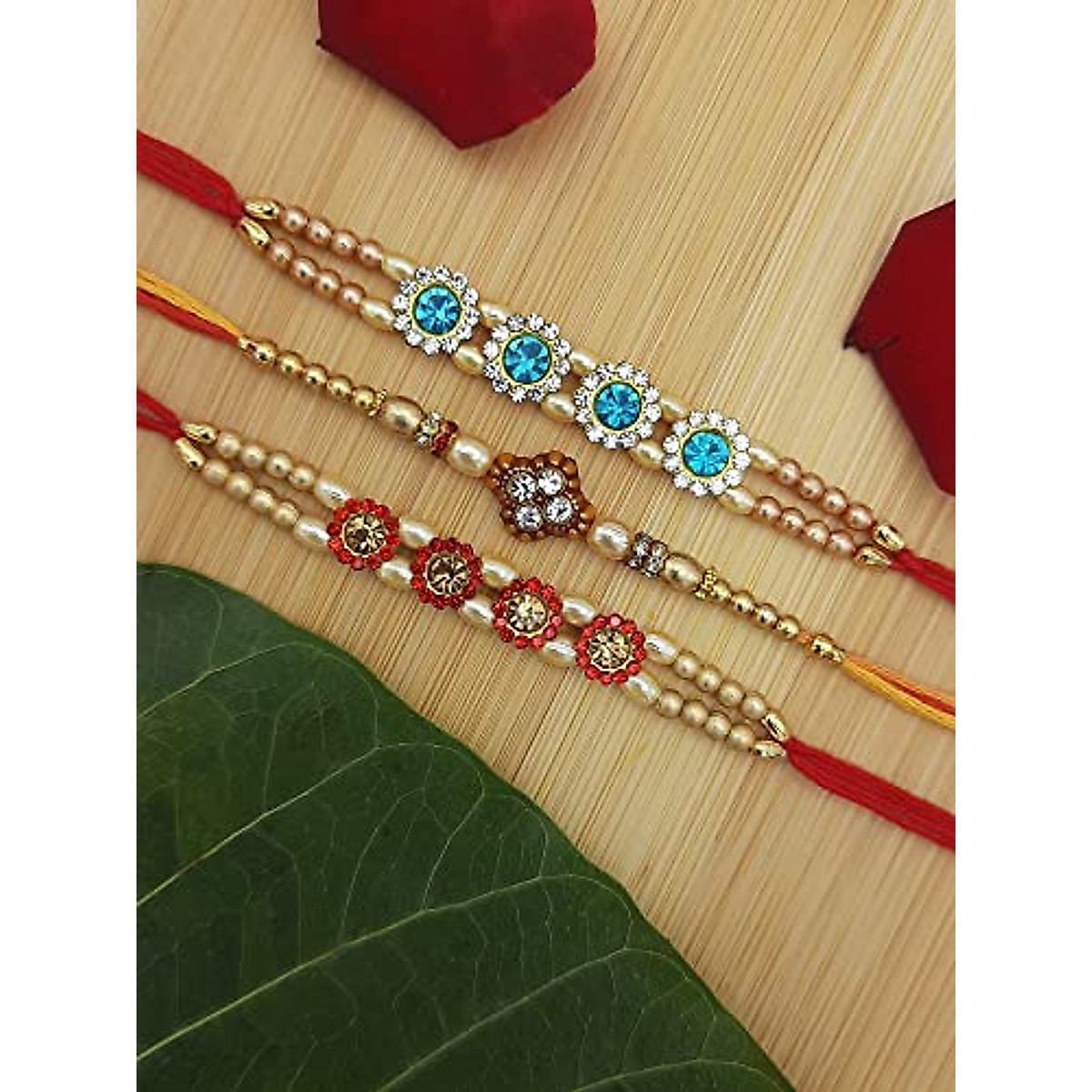Palak Global Rakhi Bracelet, Wrist Band. Fancy unique beautiful stones blue white, red stones, gift celebration (Fancy Rakhi Set of 3 - Design 1, Small) (PLK32)