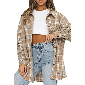 CHYRII Women's Flannel Plaid Shirts Long Sleeve Button Down Shacket Jacket Coat Outwear Fall Clothes Tan XXL