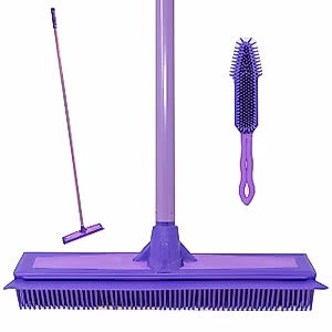 Don Aslett's Rubber Broom (12") and Hand Brush (10") Set | 59-inch Steel Pole | Multipurpose Synthetic Rubber Bristles Cleans Pet Cat or Dog Hair, Liquid Spills on Concrete & Hardwood Surface (Purple)