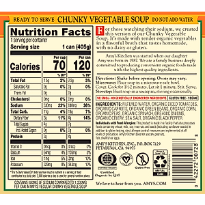 Amy’s Soup, Vegan Reduced Sodium Chunky Vegetable Soup, Gluten Free, Made With Organic Vegetables, Canned Soup, 14.3 Oz (12 Pack)