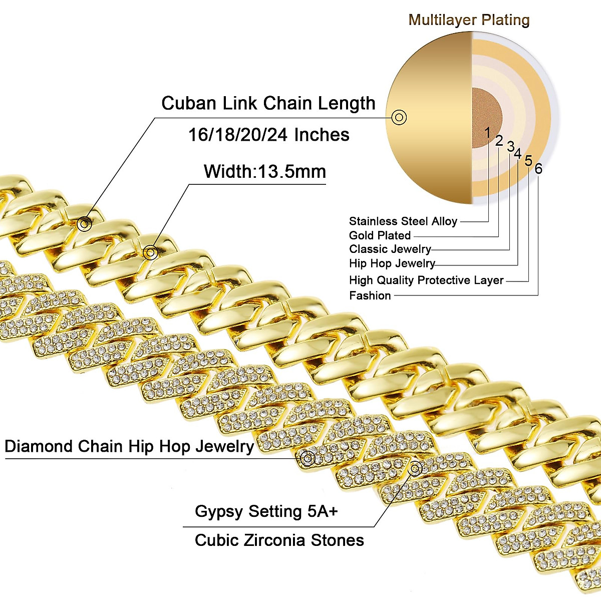 Mens Cuban Link Chain Iced Out Gold Miami Cuban Necklace Bling Diamond Chain Hip Hop Jewelry with Gift Box for Women (Gold-13.5mm,22inch)
