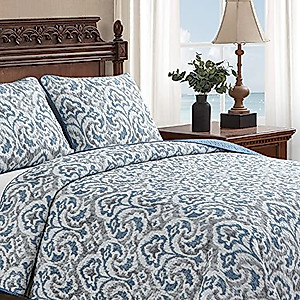 Tommy Bahama Home Quilt Set Reversible Cotton Bedding with Matchin Sham, All Season Home Decor, Twin, Cape Verde Smoke Grey/Blue