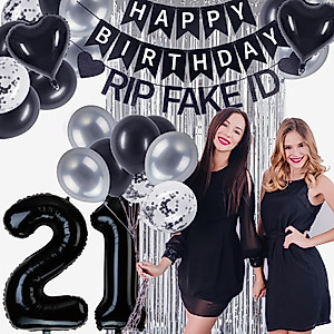 21st Birthday Decorations, Happy 21st Birthday Decorations with Happy Birthday Banner, Sliver Foil Curtains, RIP FAKE ID 21 Balloons Kit, Black Cake Topper, 21st Birthday Decorations for Him