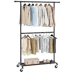 YATINEY Clothes Rack, Double Rod Garment Rack, Clothing Rack with Wheel, Rolling Clothes Rack for Hanging Clothes, Metal Frame, Adjustable Middle Rod, Heavy-Duty Commercial Display, Black GR49BB