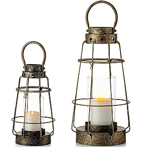 Nuptio Hurricane Candle Lantern Set, Hanging Candle Holder Rustic Farmhouse Style Lanterns Candleholder Indoor Outdoor for Vintage Wedding Birthday Party Garden Decoration, 2 Pcs