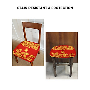 Oriental Dragon Chair Seat Covers for Dining Room Stretch Chair Seat Covers Set of 2, Chair Seat Protector Cushion Slipcovers for Kitchen Restaurant Office Traditional Chinese Happy New Year Red