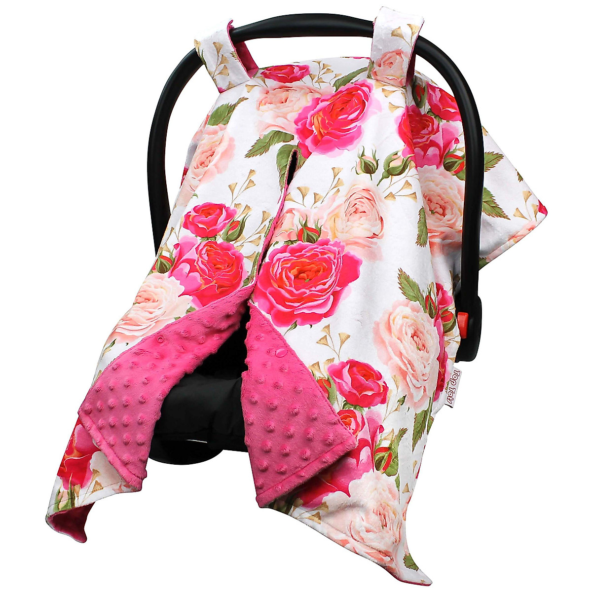 Baby Car Seat Canopy Cover - Hot Pink on White Roses