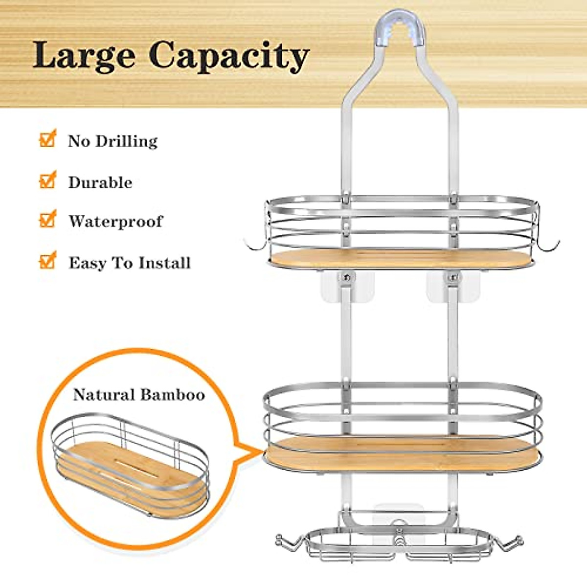 Fogein Shower Caddy Over Shower Head, Hanging Shower Caddy, Shower Basket with Suction Cup, Bathroom Shower Caddy Over The Door with Bamboo Board Hook & Soap Box, No Drilling(3 Tier, Silver)