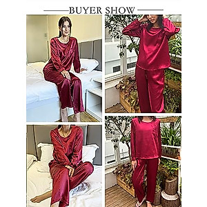 Ekouaer Womens Silk Satin Pajamas Loungewear Two Piece Sleep Set Silk Pjs for Women Winter Long Sleeve Sleepwear Pajamas Set Red S