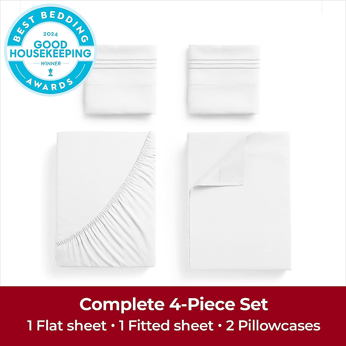 Mellanni Full Sheets Set - 4 PC Iconic Collection Bedding Sheets & Pillowcases - Hotel Luxury, Extra Soft, Cooling Bed Sheets - Deep Pocket up to 16 inch (Full, White)